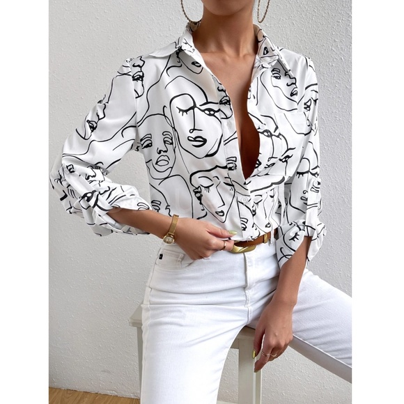 Rouge! | Tops | Abstract Face Print White Button Up Down Shirt Chest ...